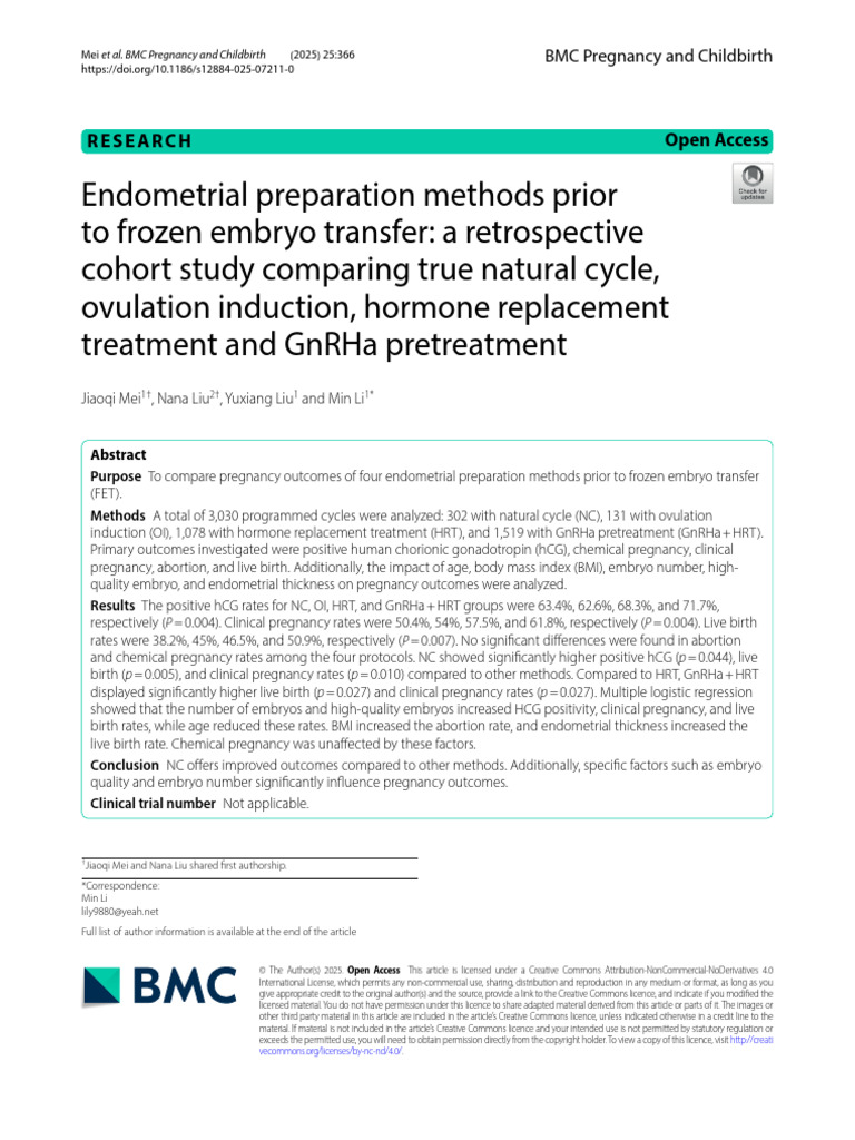 Endometrial Preparation Methods Prior To Frozen Embryo Transfer - A ...