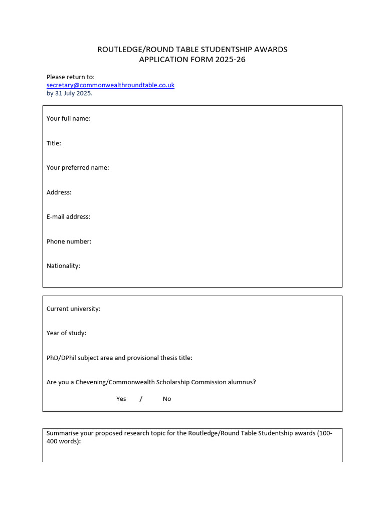 Routledge Round Table Studentships Application Form 2025 26 | PDF
