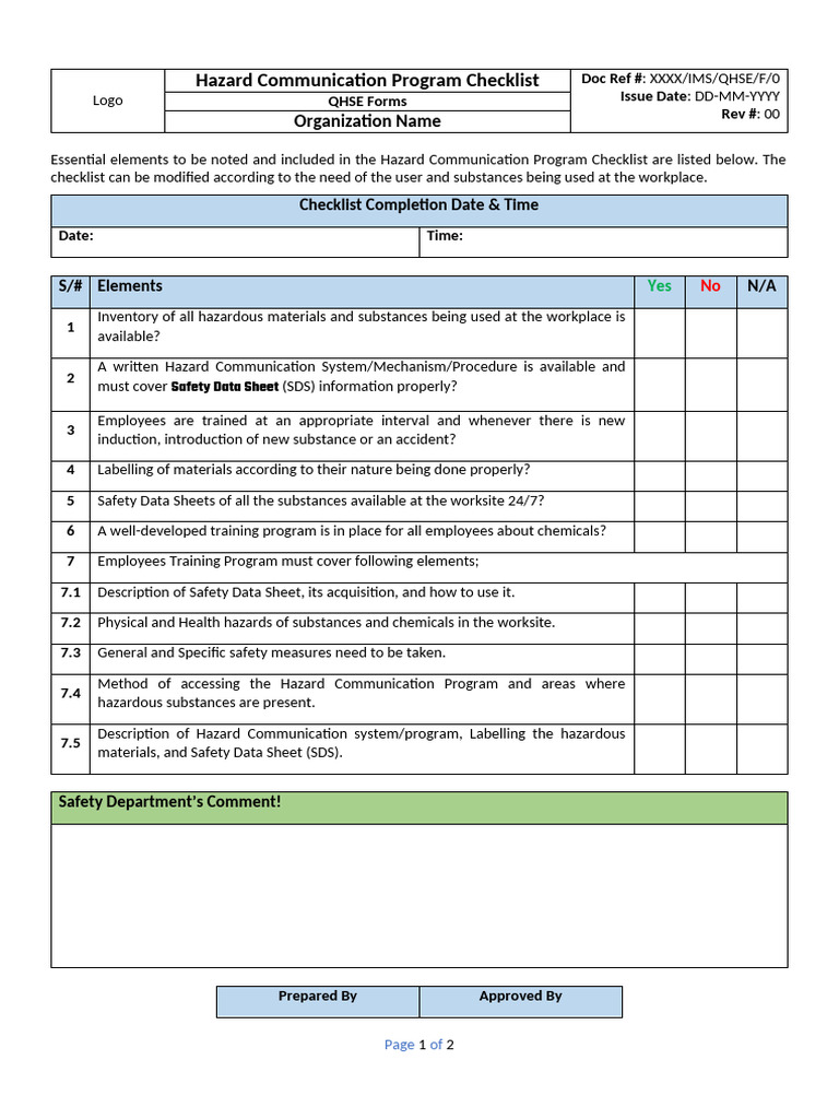 Hazard Communication Program Checklist Pdf Safety Occupational