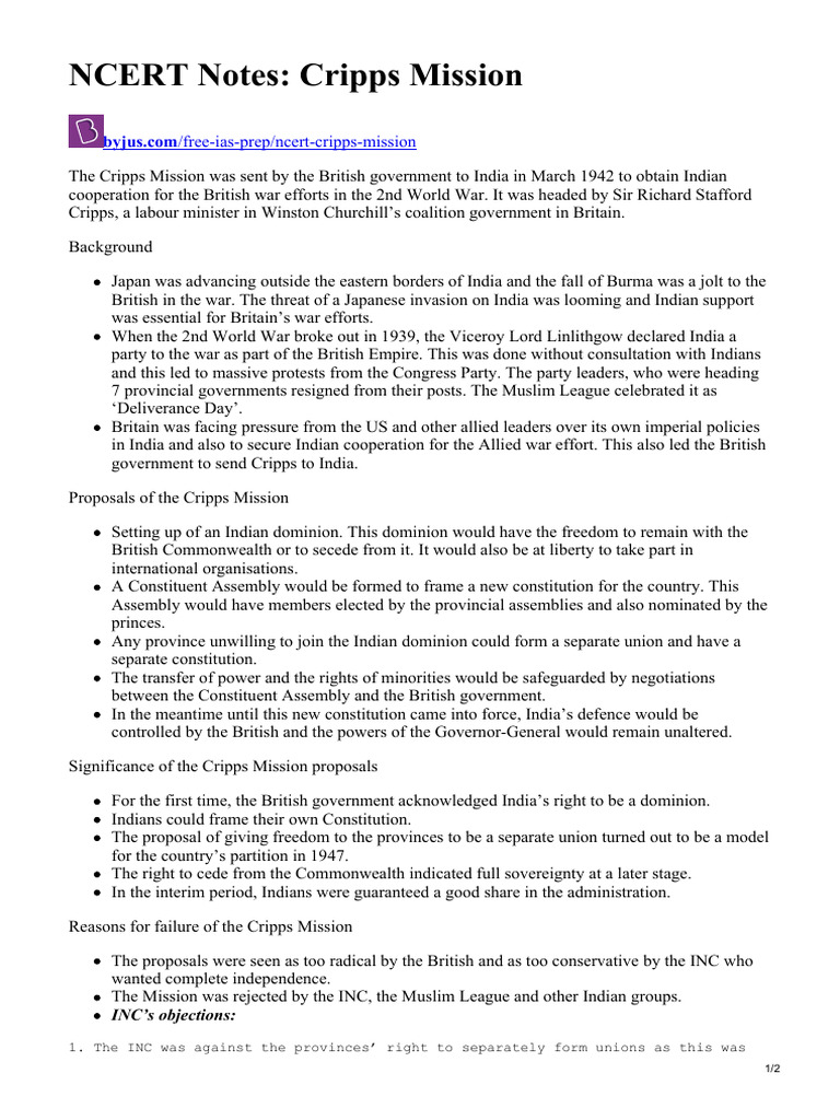 Overview of the Cripps Mission | PDF | Partition Of India | Politics Of ...