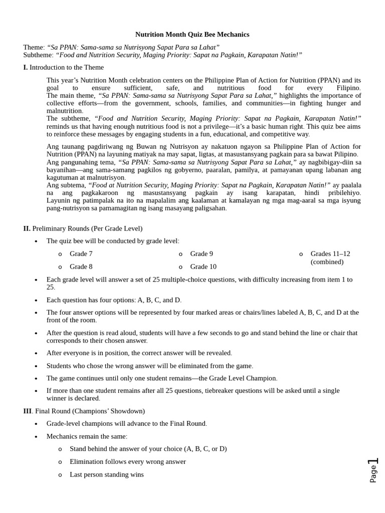 Nutrition Month Quiz Bee | PDF | Malnutrition | Foods