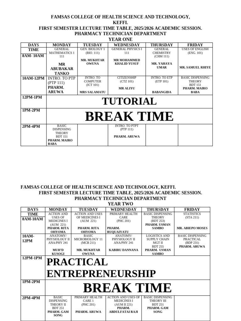 Lecture Time Table 2025 2026 1 | PDF | Pharmaceutical Sciences | Pharmacy