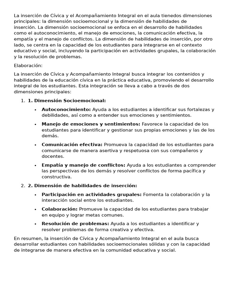 La Inserción De Cívica Y El Acompañamiento Integral En El Aula Tienedos