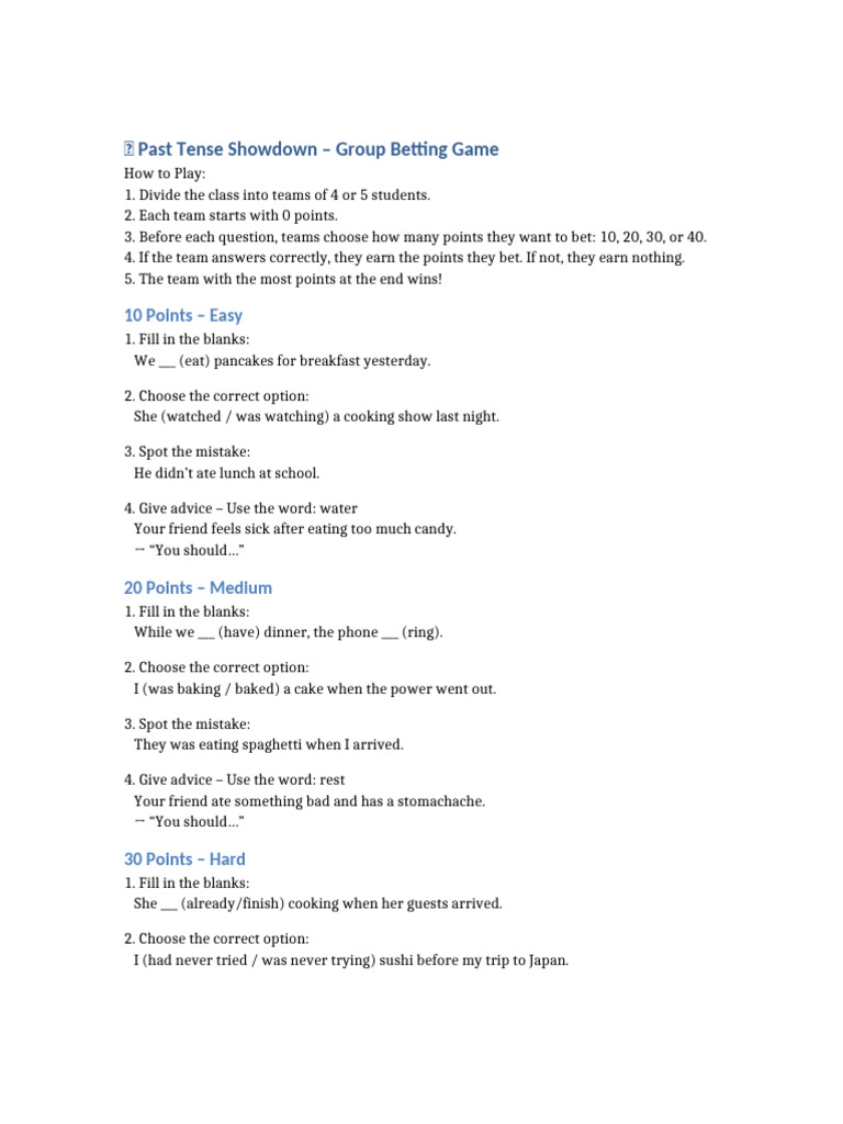 Past Tense Betting Game Instructions | PDF