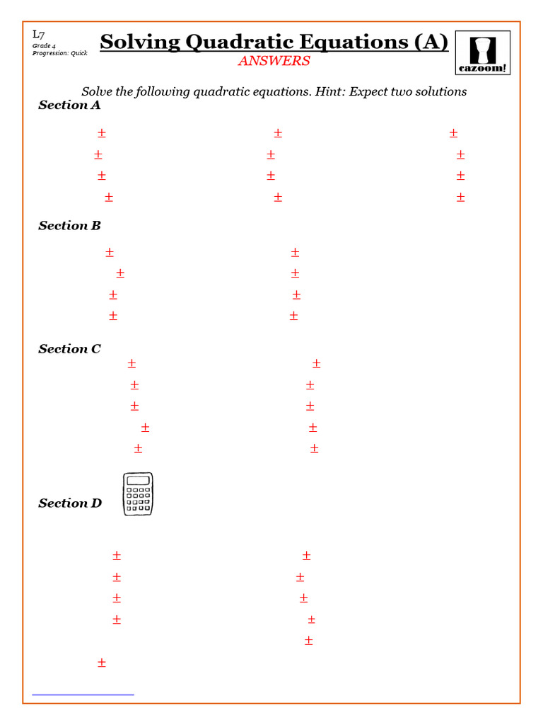 Algebra. Level 7. Equations. Solving Quadratic Equations (A) - ANSWERS ...