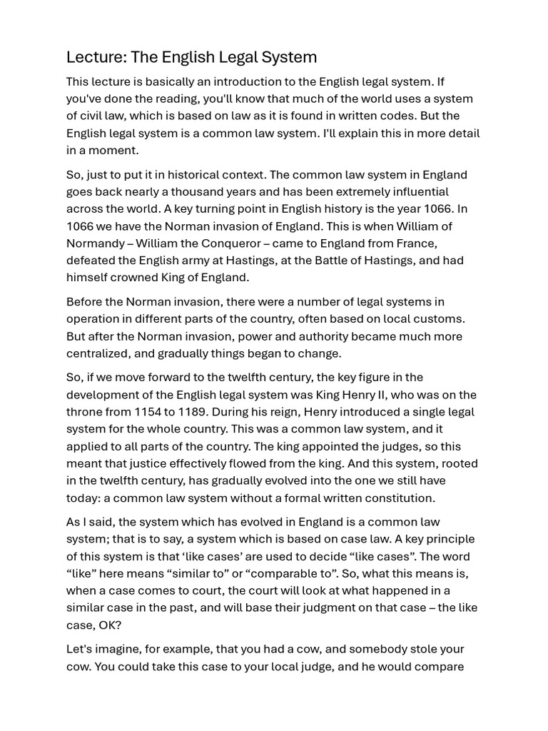 Legal System Lecture Transcript | PDF | Precedent | Common Law