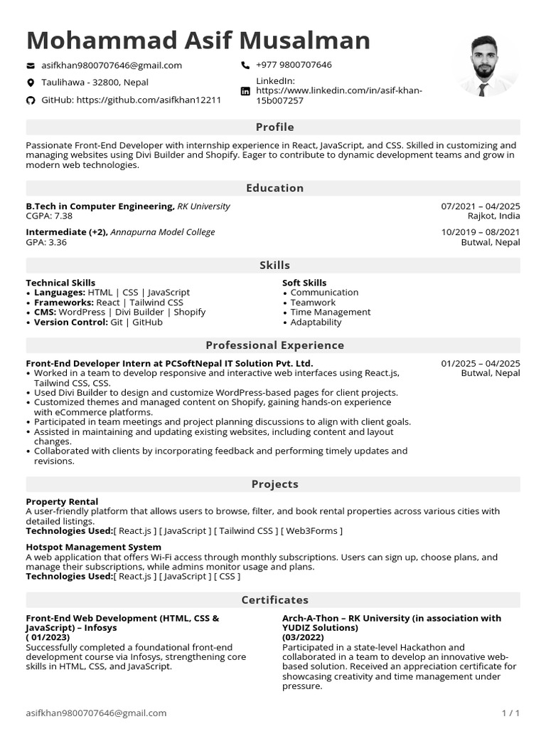 Mohammad Asif Musalman Resume | PDF | World Wide Web | Internet & Web