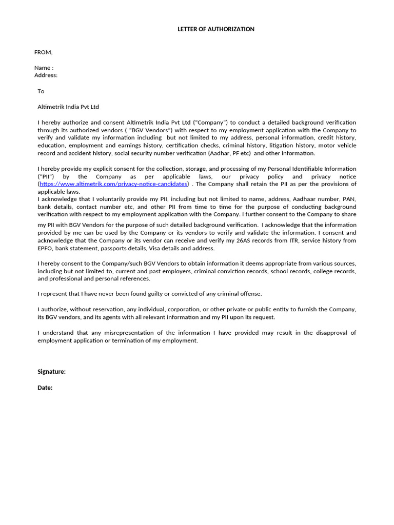 Letter of Authorization - PreBGV V1.0 | PDF | Criminal Record | Justice