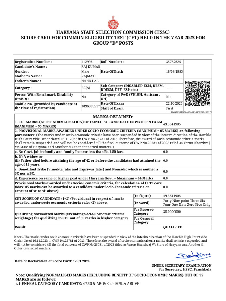HSSC Group D Score Card 2023 | PDF | Biometrics