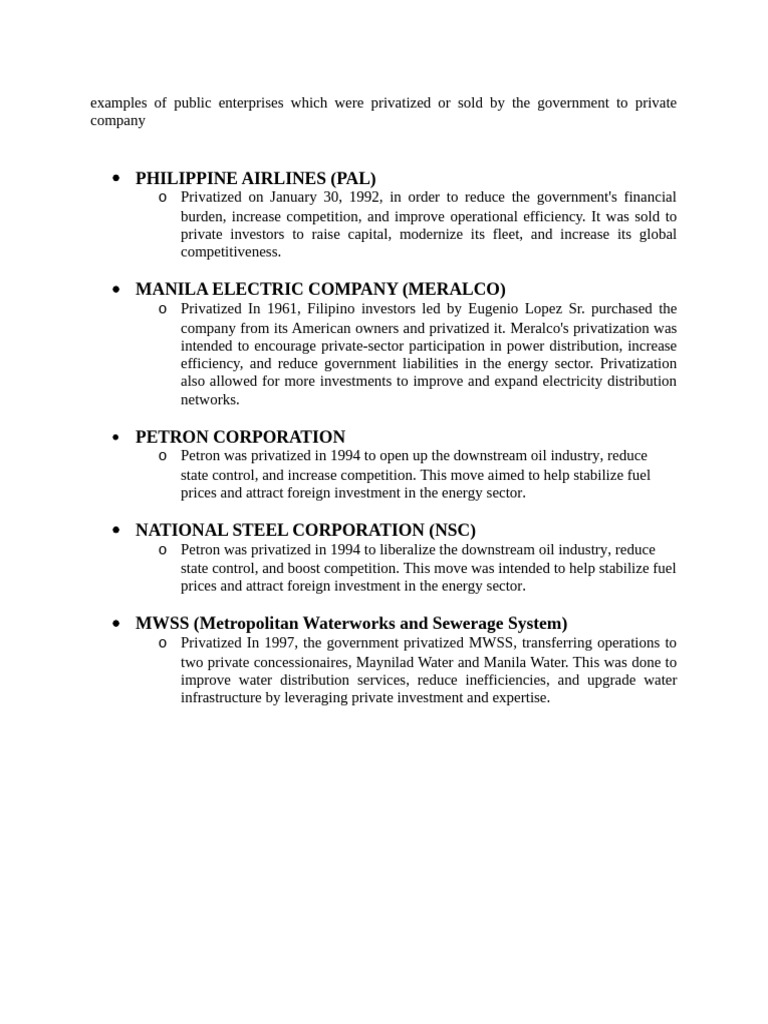 Privatization Examples in the Philippines | PDF