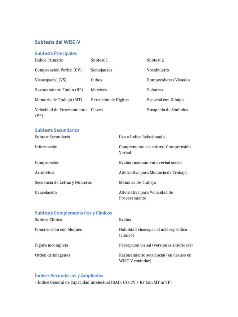 WISC-V Subtests Cuadro Resumen | PDF