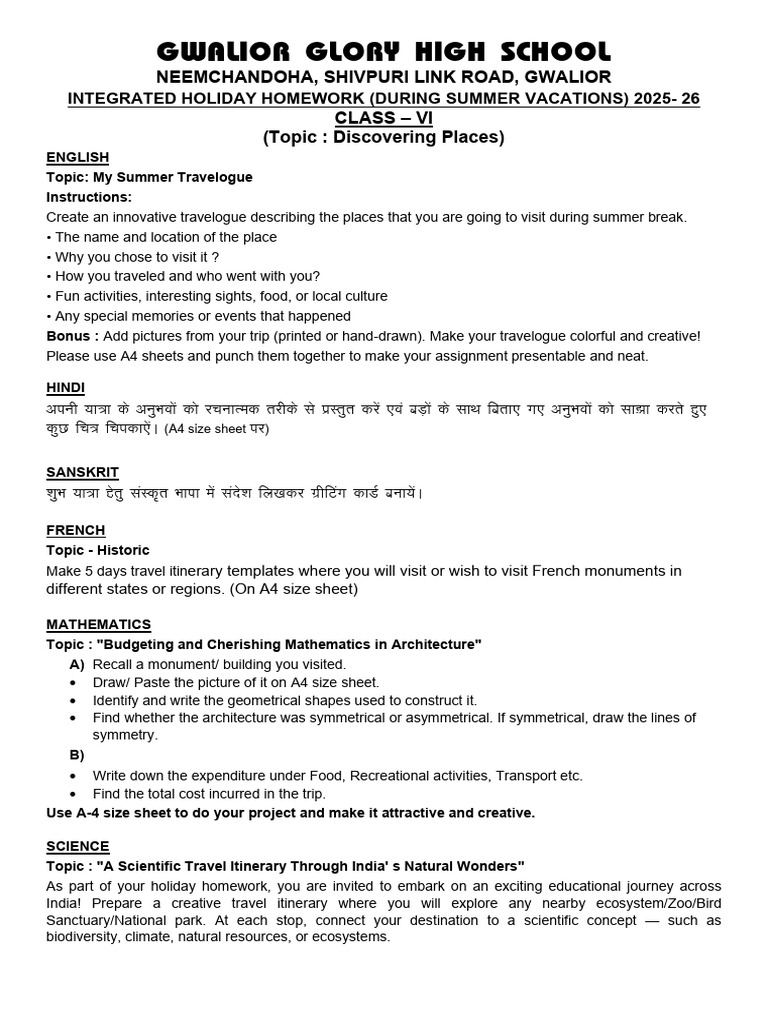 Class - 6 Integrated Holiday Homework - 2025-26 | PDF