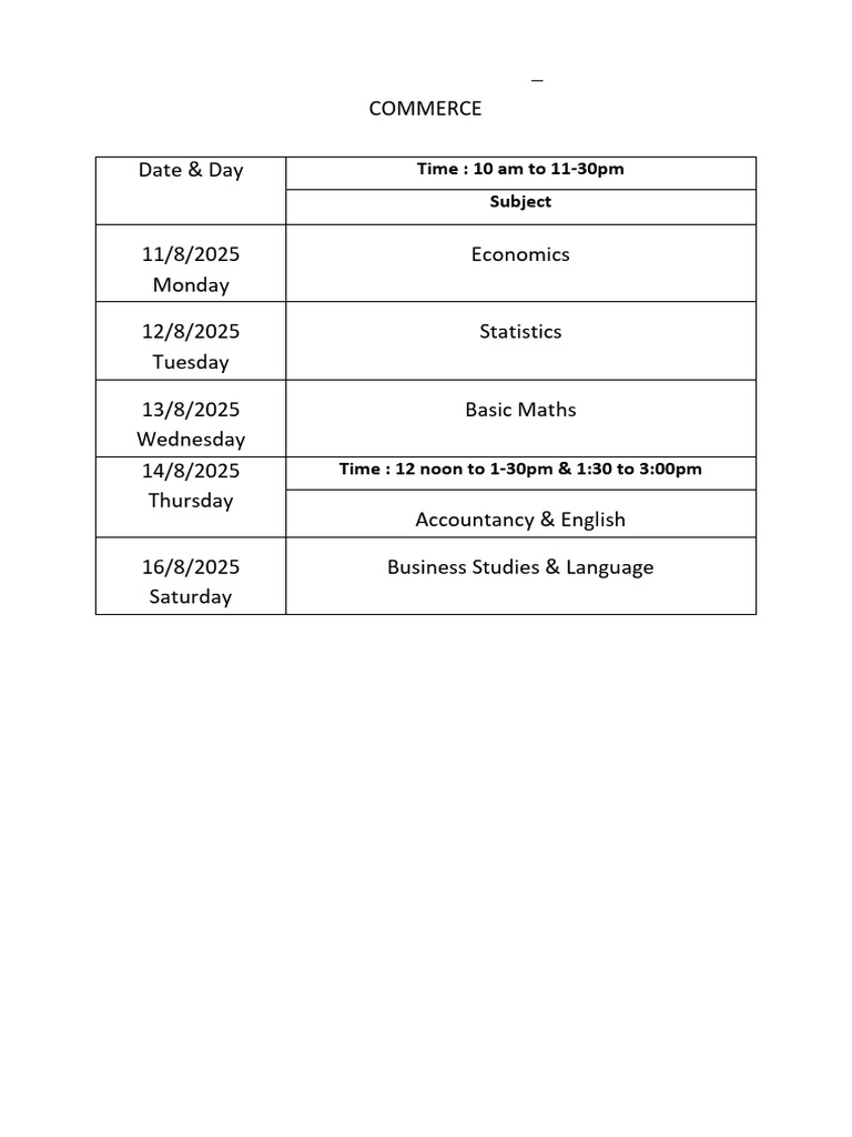 i Puc Commerce Unit Test Time Table Aug 2025 | PDF