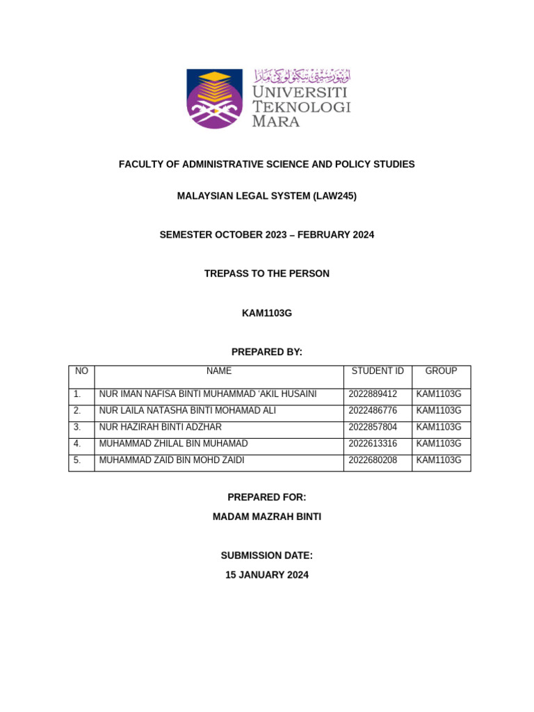Legal Analysis of Trespass to Person | PDF | Trespass | Common Law