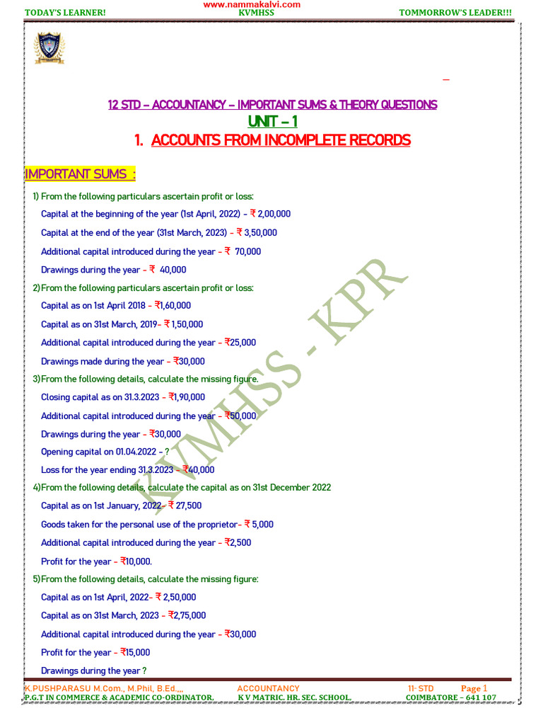 Namma Kalvi 12th Accountancy Important Sums and Theory Questions EM 221729 | PDF | Accounting ...