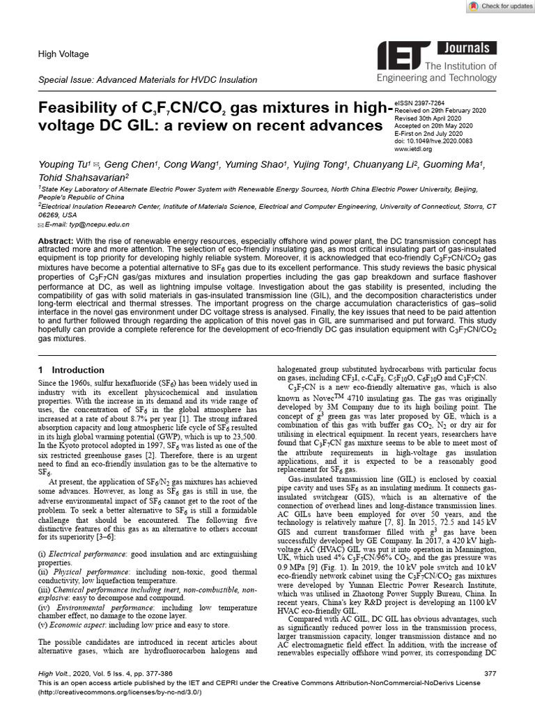 High Voltage - 2020 - Tu - Feasibility of C3F7CN CO2 Gas Mixtures in ...