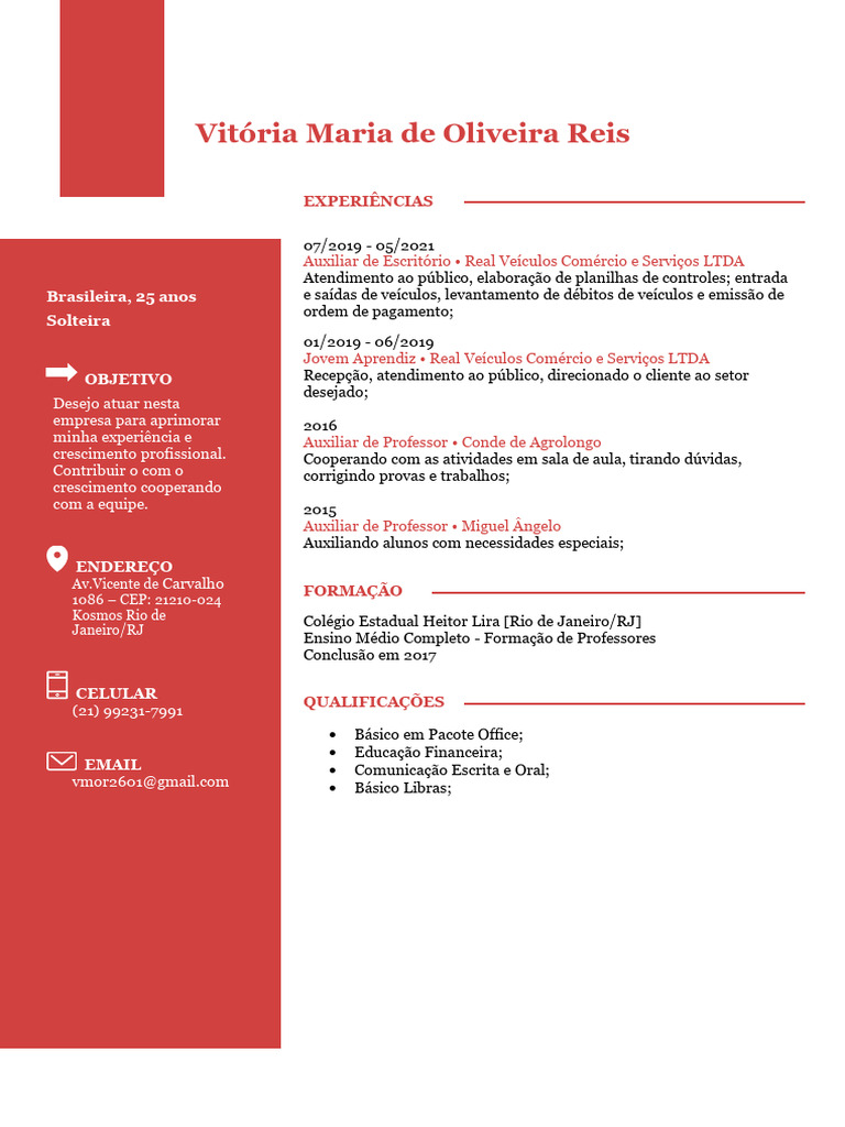 Currículo de Vitória Maria Reis - Auxiliar Administrativo | PDF