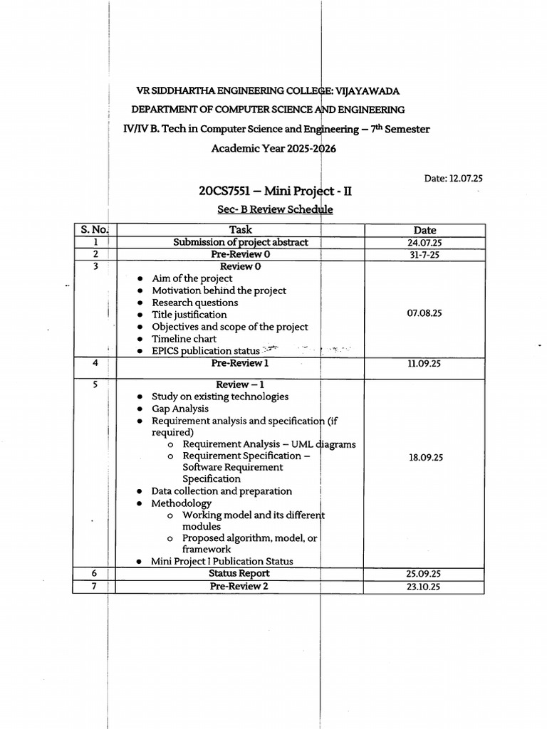 Mini Project -II Review Schedule CSE Sec- B | PDF