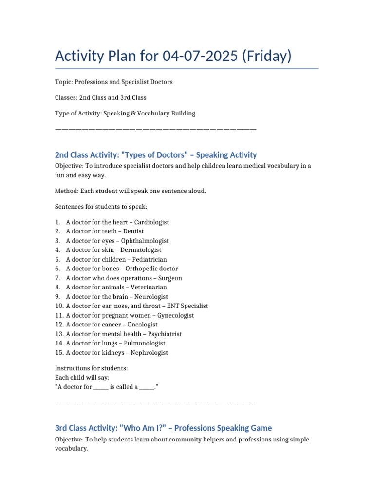 Professions Activity Plan 04-07-2025 | PDF | Physician | Health Care