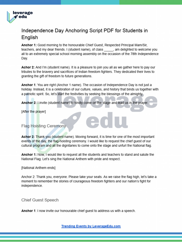 Independence Day Anchoring Script PDF for Students in English | PDF | Independence Day (United ...