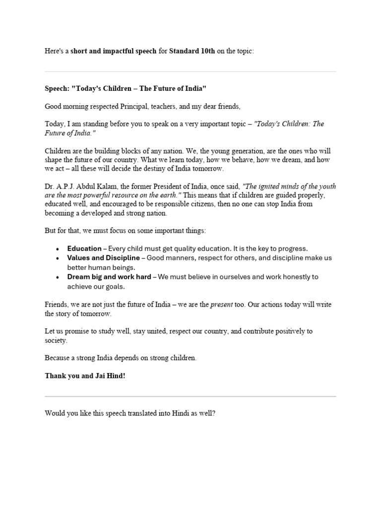 Short and Impactful Speech Standard 10th: "Today's Children: The Future ...