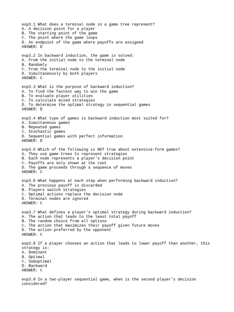 Exp3 Backward Induction MCQ | PDF