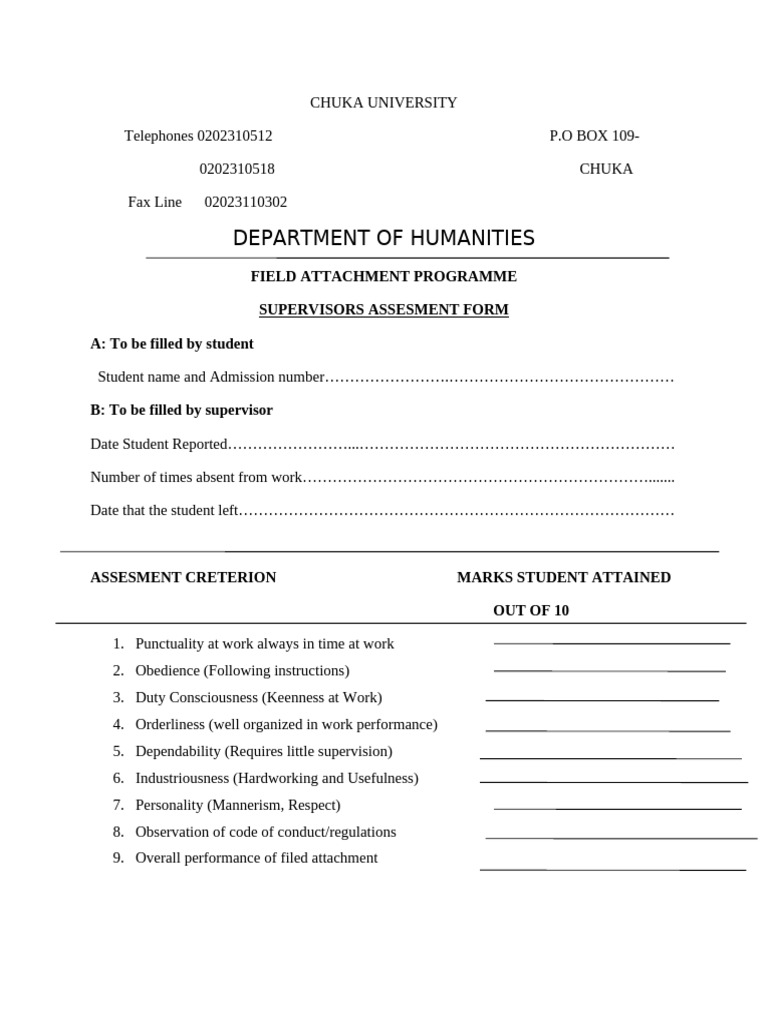 Field Attachment Assessment Form | PDF