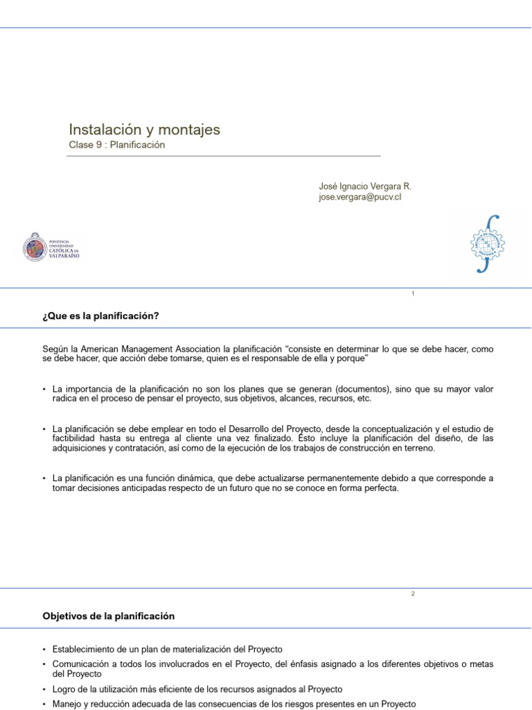 PUCV - Instalación y Montajes - Clase 9 | PDF | Planificación | Presupuesto