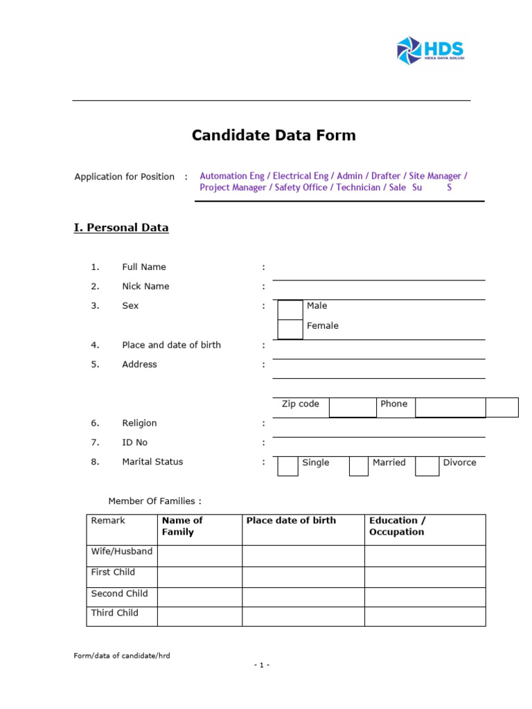 Candidate Data Form 2025 HDS | PDF