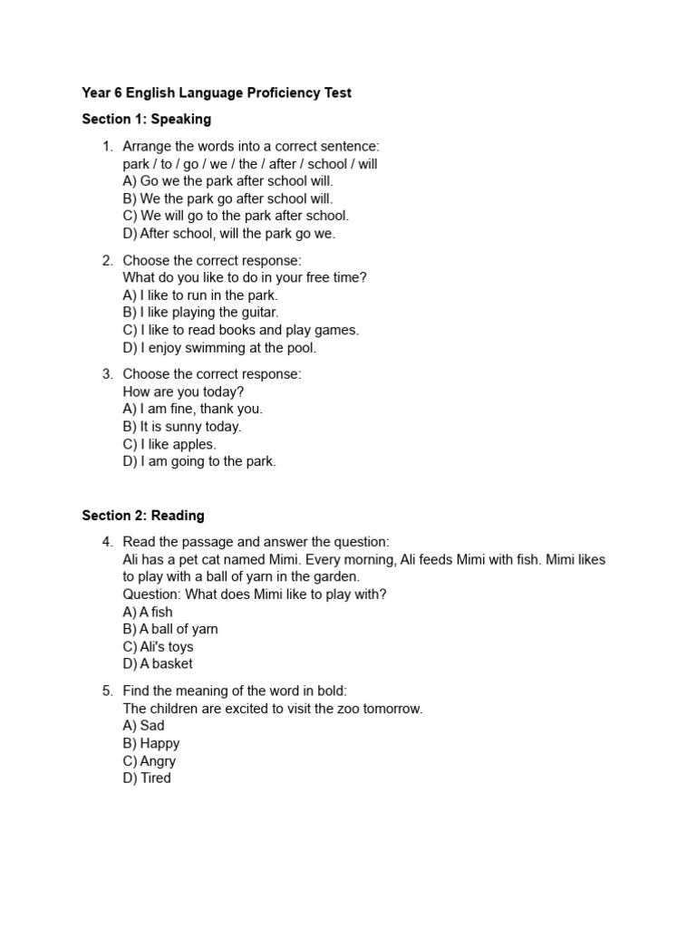 Year 6 English Proficiency Assessment | PDF | Linguistics