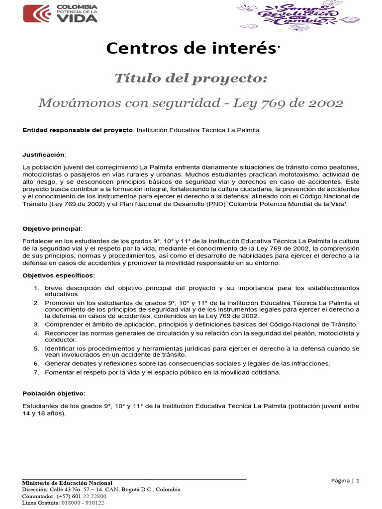 C.I Centro de Interés Movámonos Con Seguridad - Ley 769 de 2002 | PDF ...
