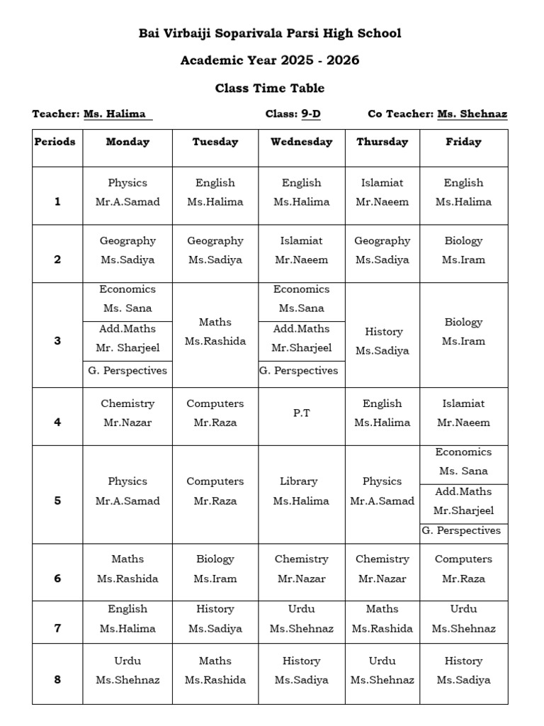 Class 9-D Timetable 2025-2026 | PDF