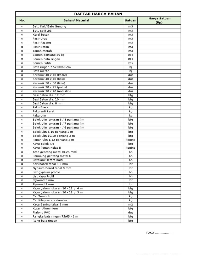 Daftar Harga Bahan Bangunan 2023 | PDF