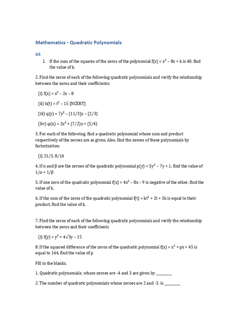 Quadratic Polynomials Exercise | PDF | Quadratic Equation | Polynomial