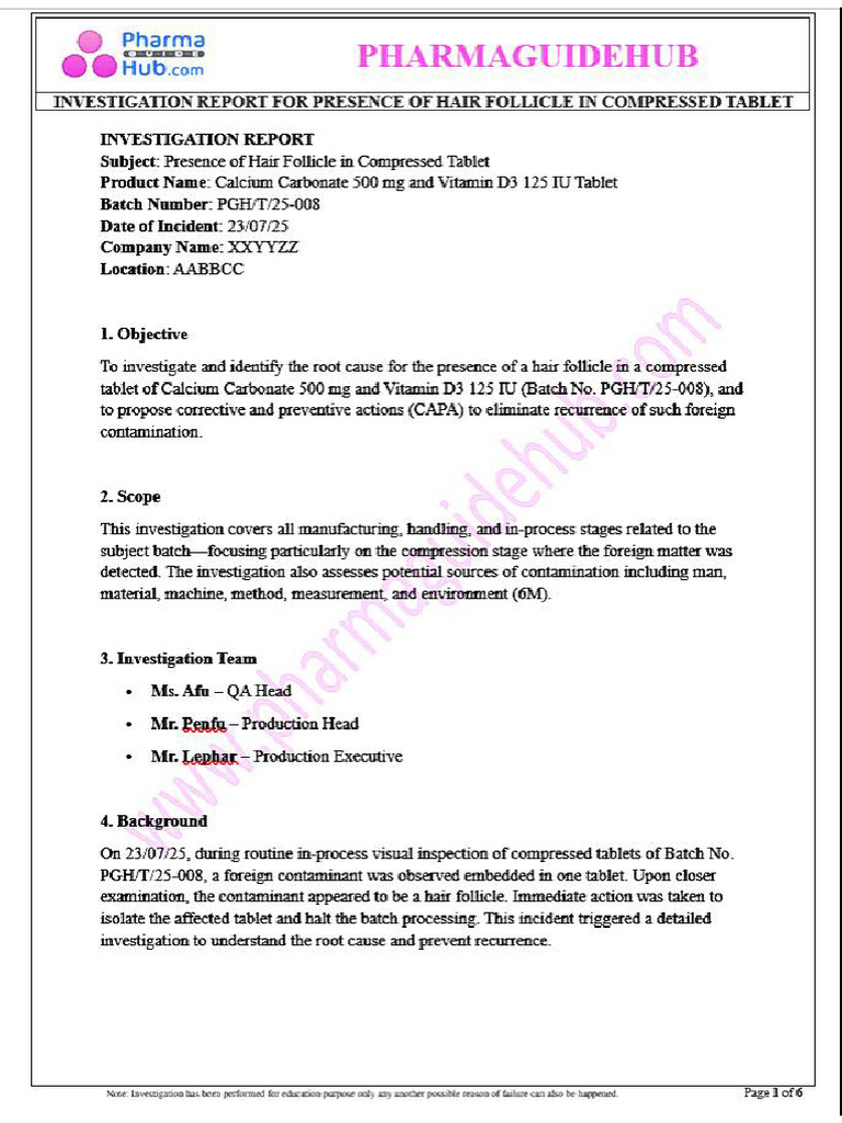 Investigation Report For Hair Found in Compress Tablet | PDF