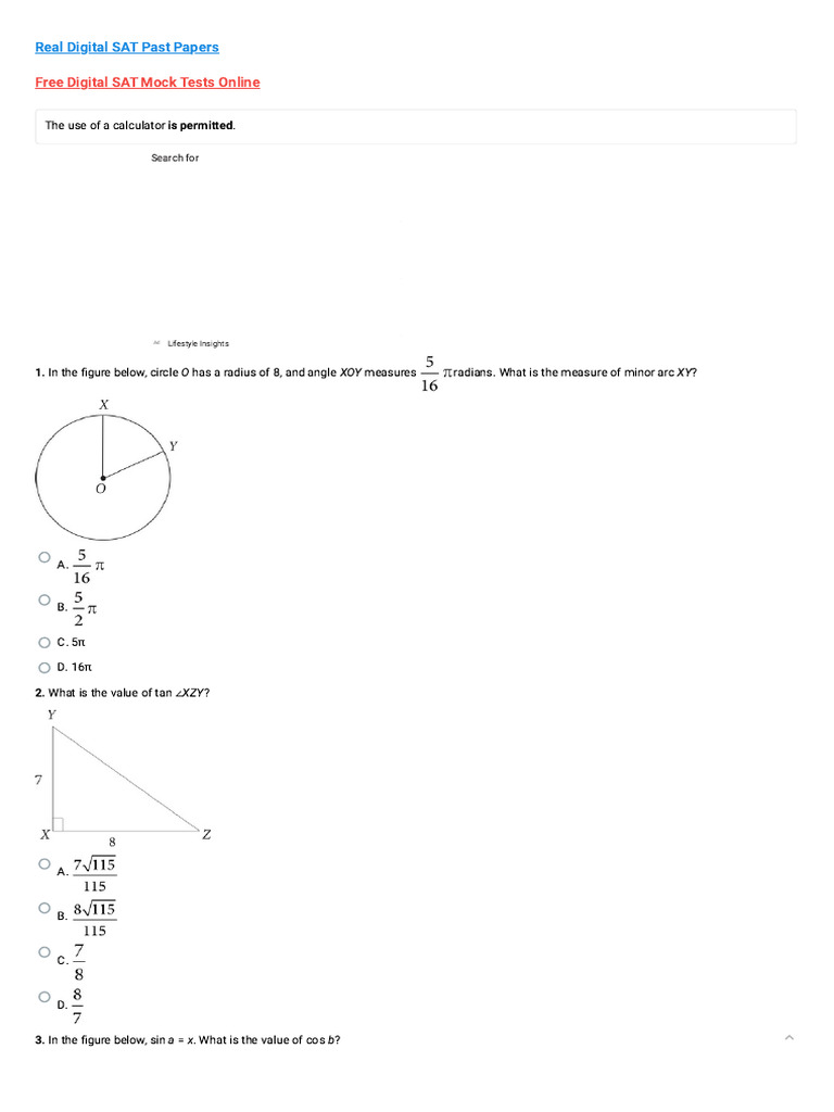 New SAT Math Practice Test 6_ Geometry_SATPandaco_QP | PDF | Circle | Angle
