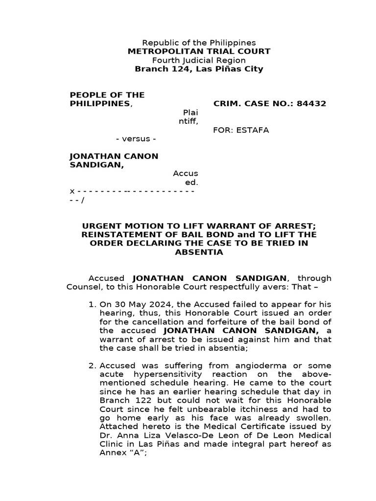 Motion To Lift Warrant - Sample | PDF | Public Law | Law Enforcement