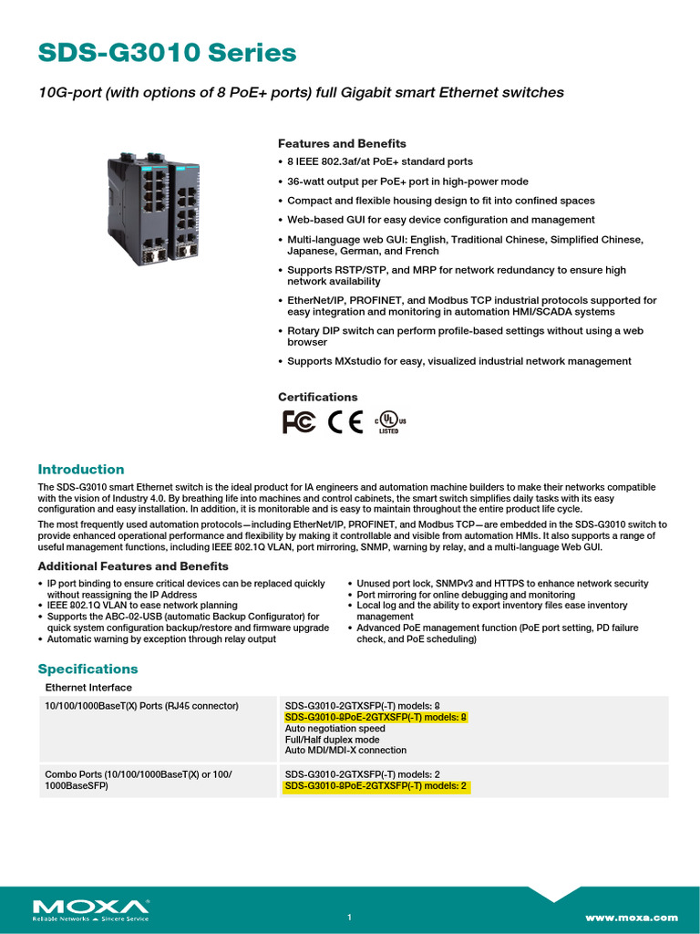Moxa SDS-G3010 Series Smart Switches | PDF | Computer Network | Ethernet