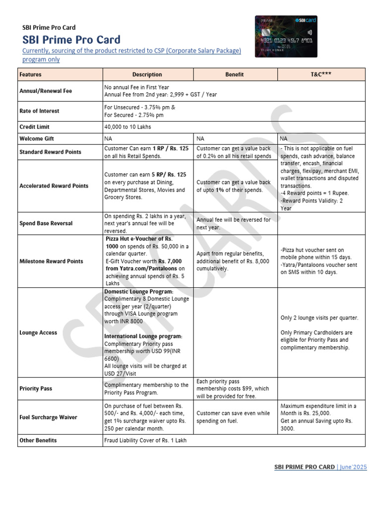 SBI Prime Pro Card June 2025 | PDF | Credit Card | Service Industries