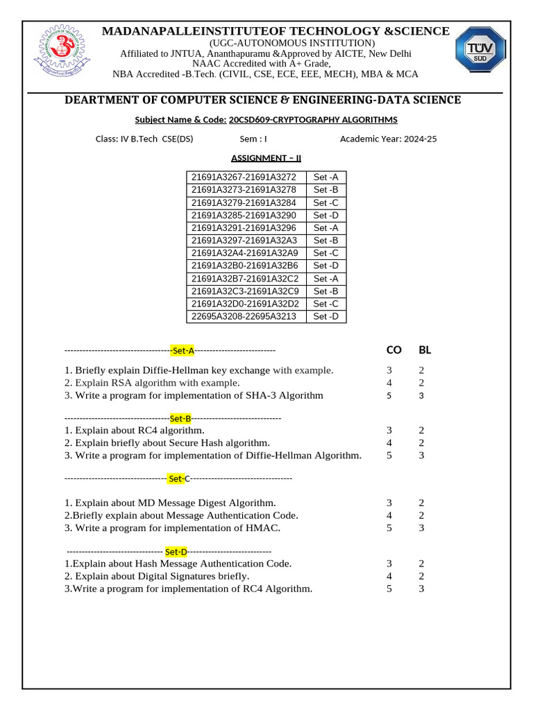 Assignment 2 - Questions - 20CSD609-CRYPTOGRAPHY ALGORITHMS | PDF | Security Engineering | Error ...