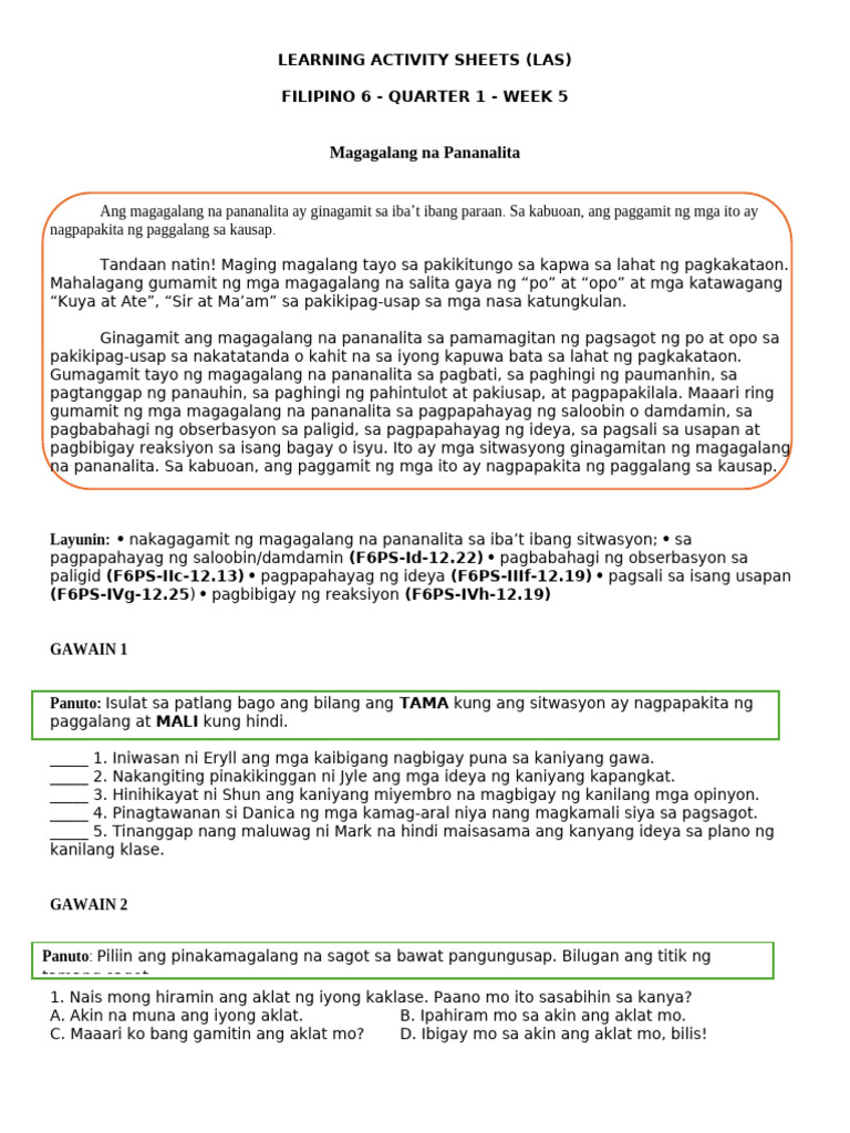 Learning-Activity-sheets Filipino6 q1 w5 | PDF