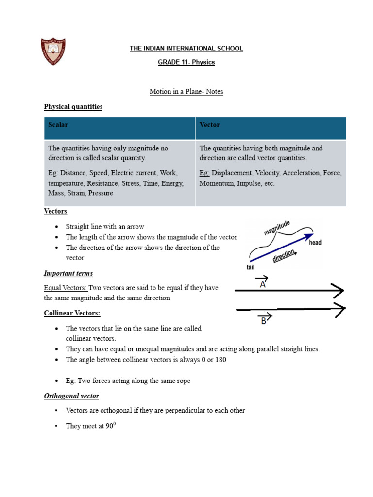 Grade 11 Physics: Motion in a Plane Notes | PDF | Euclidean Vector ...