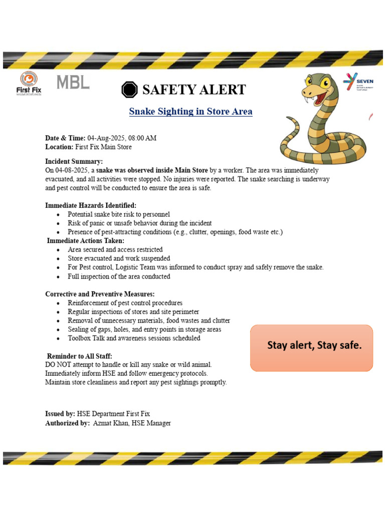 Snake Sighting Safety Alert: First Fix | PDF