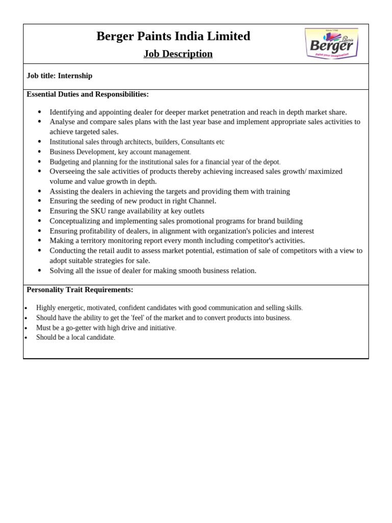 Berger Paints Internship 2025 Details | PDF