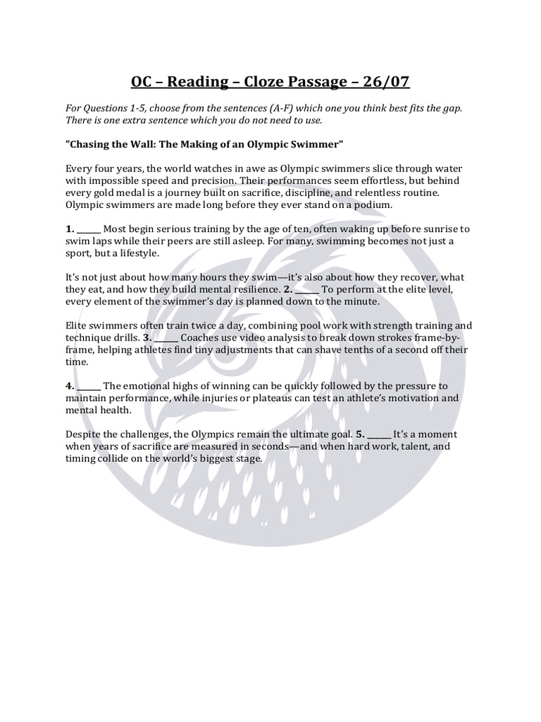 OC Reading Cloze Passage 2607 | PDF | Swimming (Sport) | Behavioural Sciences