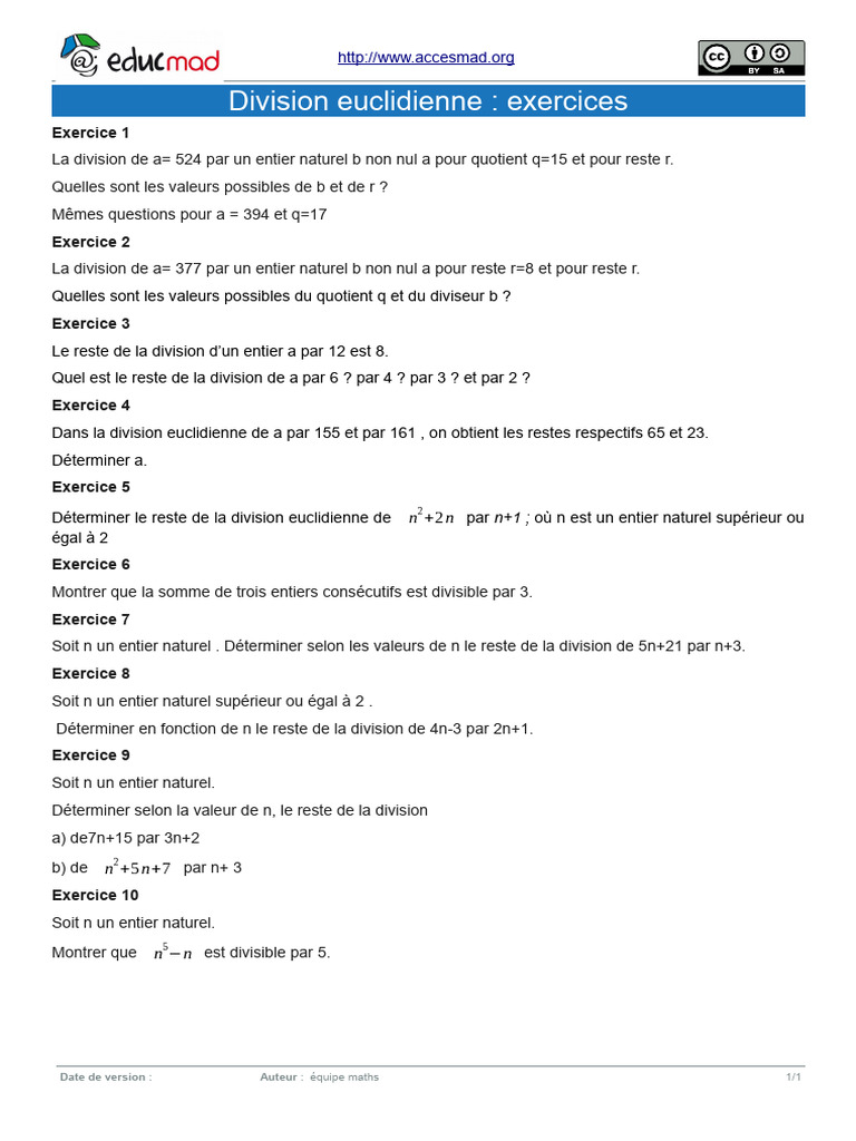 Exercices de division euclidienne | PDF