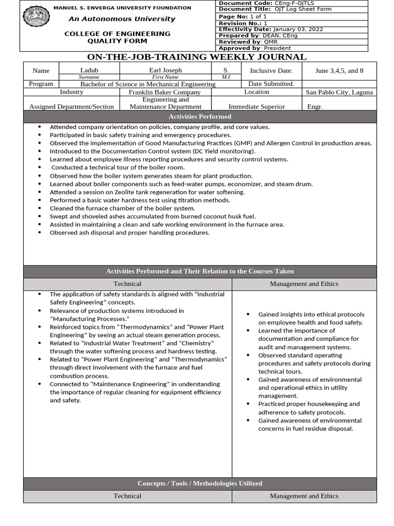 CEng F OJT Weekly Journal | PDF | Boiler | Engineering