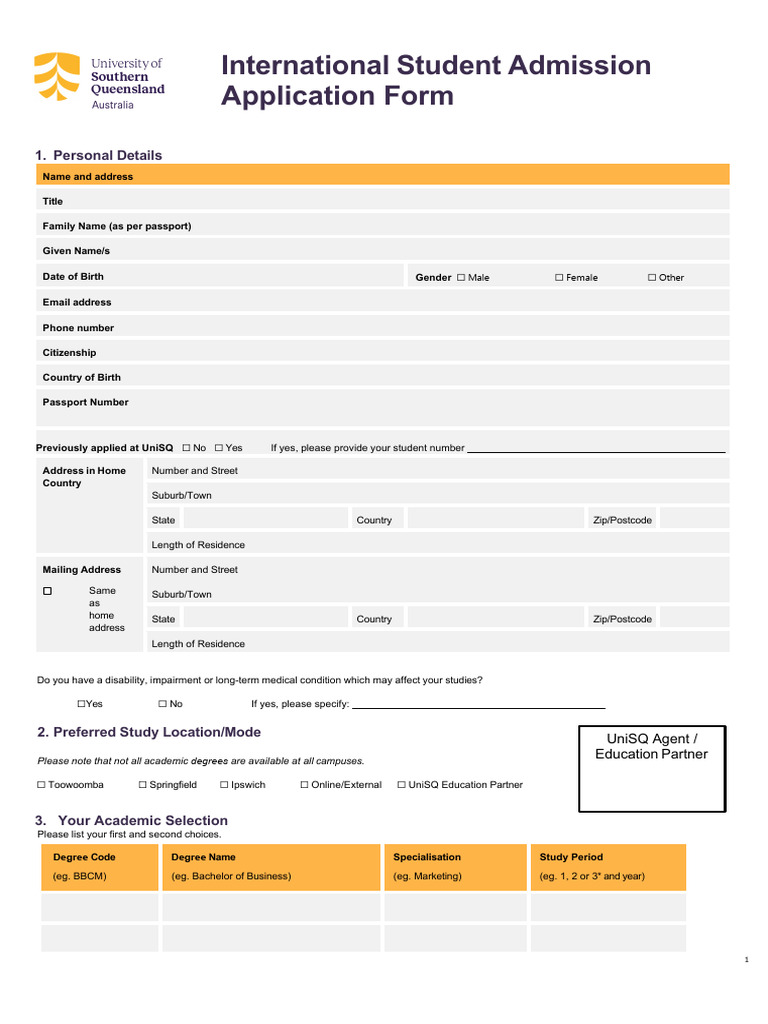UniSQ International Student Application Form | PDF | University ...