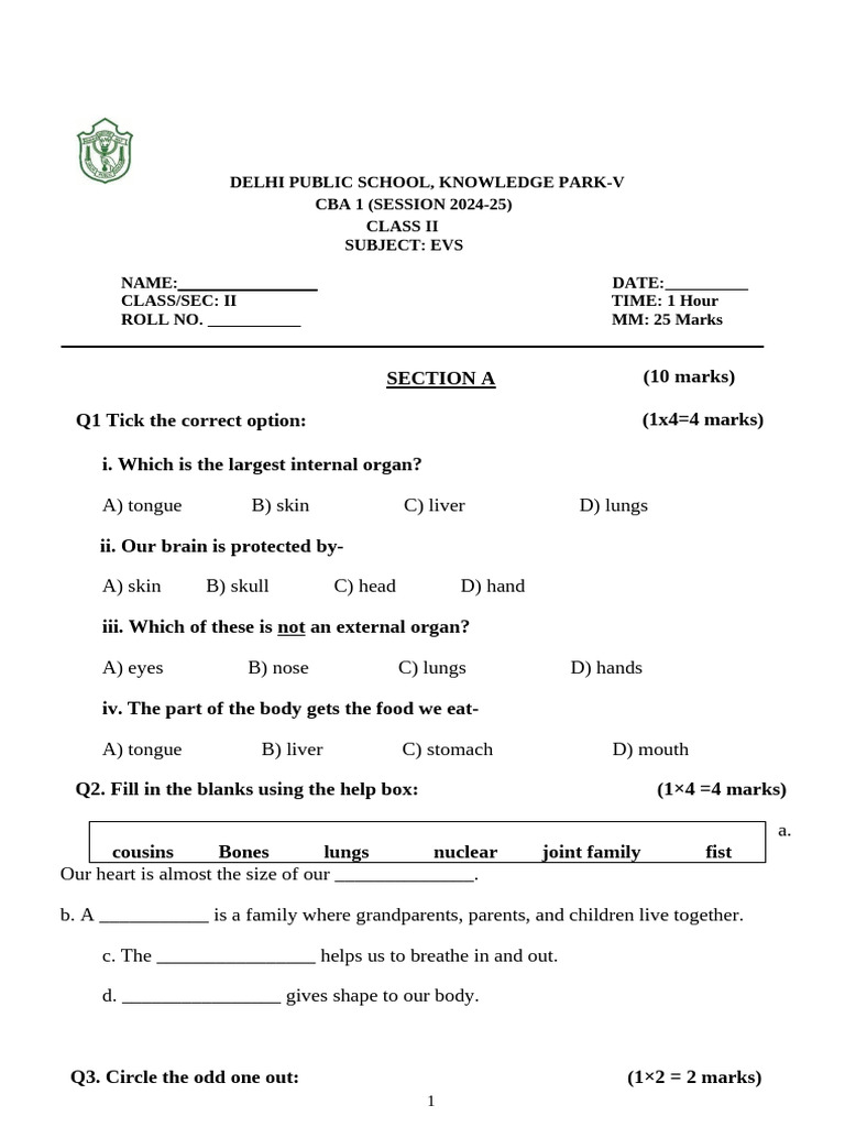EVS Class II CBA 1 Worksheet 2024-25 | PDF