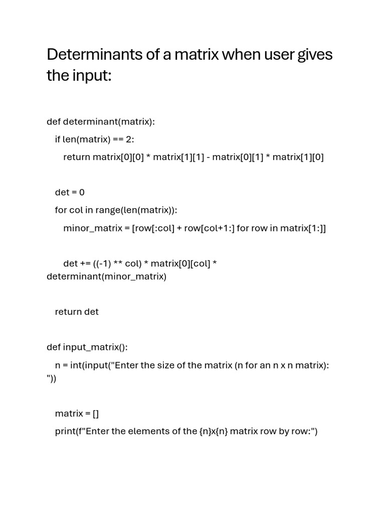 Determinants of A Matrix When User Gives The Input | PDF